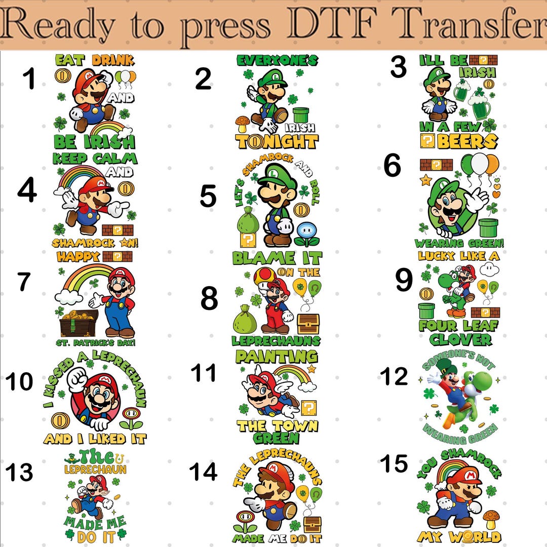Super Mario St. Patrick's Day DTF Transfer, Irish Mario Luigi Heat ...