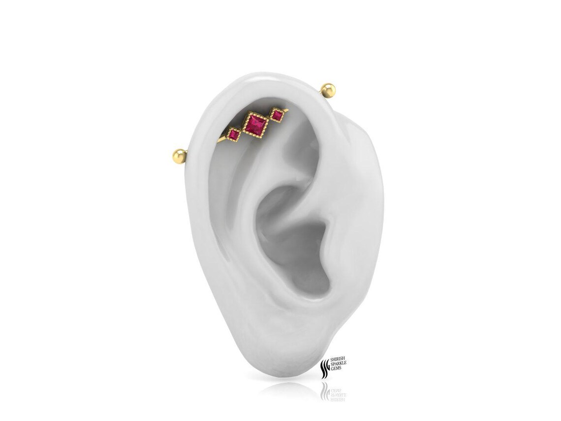 14k Solid Gold Ruby Barbell Piercing Industrial Cartilage Luxury ...