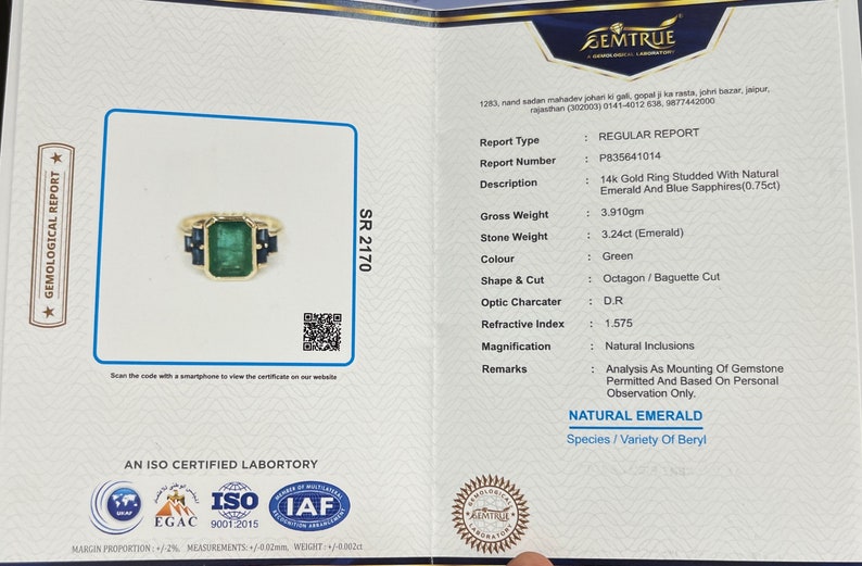 3.24CT Genuine Emerald Ring With Natural Blue Sapphire 14k Gold Emerald ...