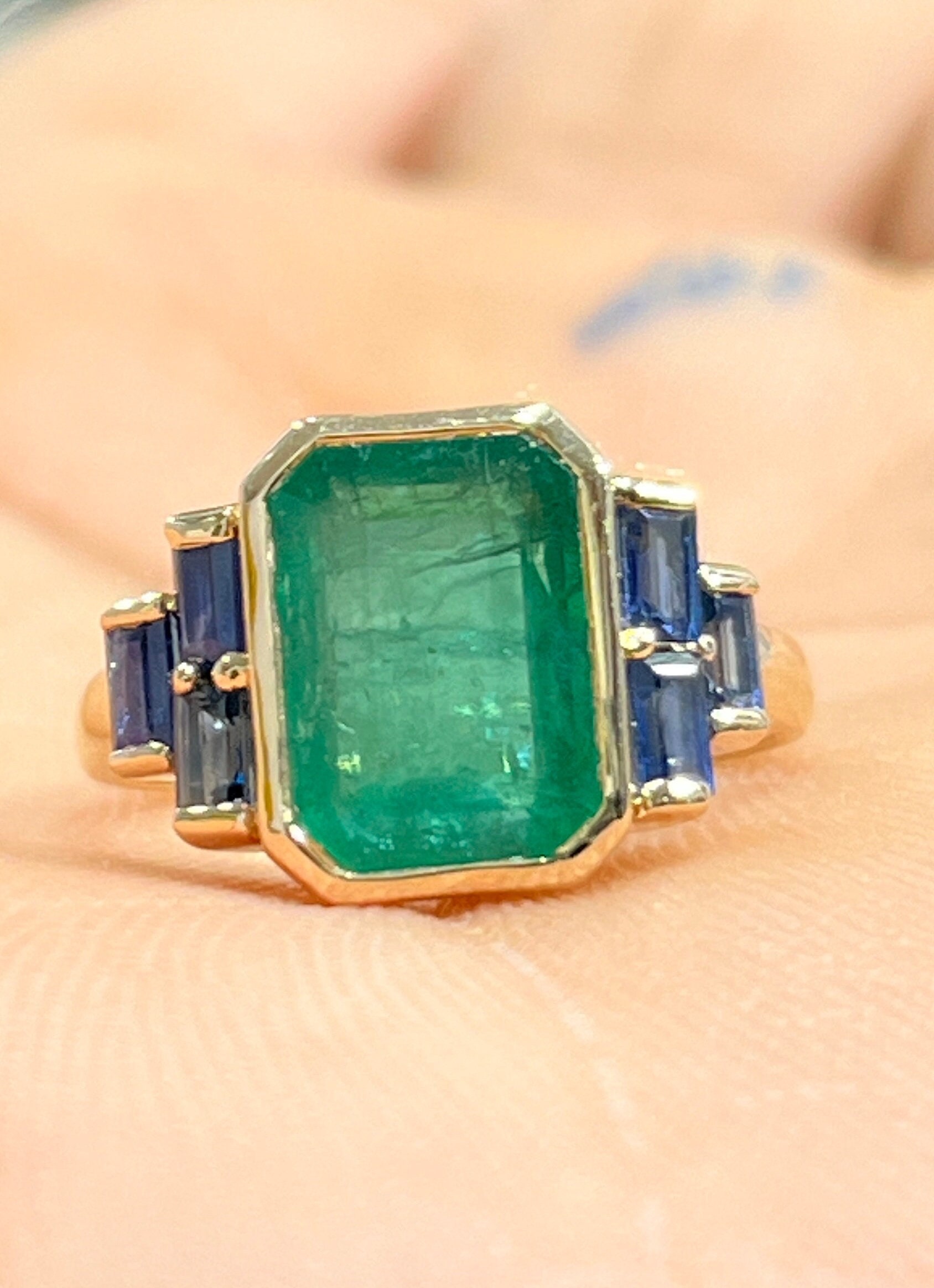 3.24CT Genuine Emerald Ring With Natural Blue Sapphire 14k Gold Emerald ...