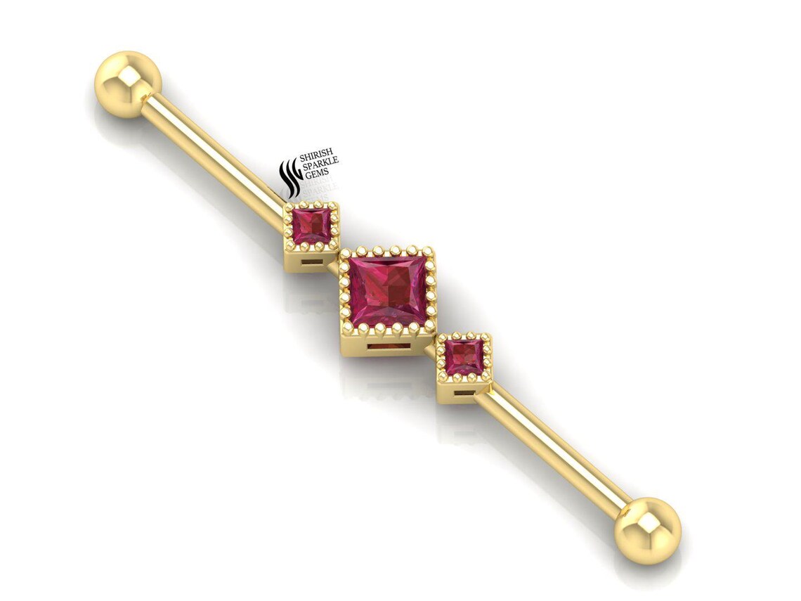 14k Solid Gold Ruby Barbell Piercing Industrial Cartilage Luxury ...