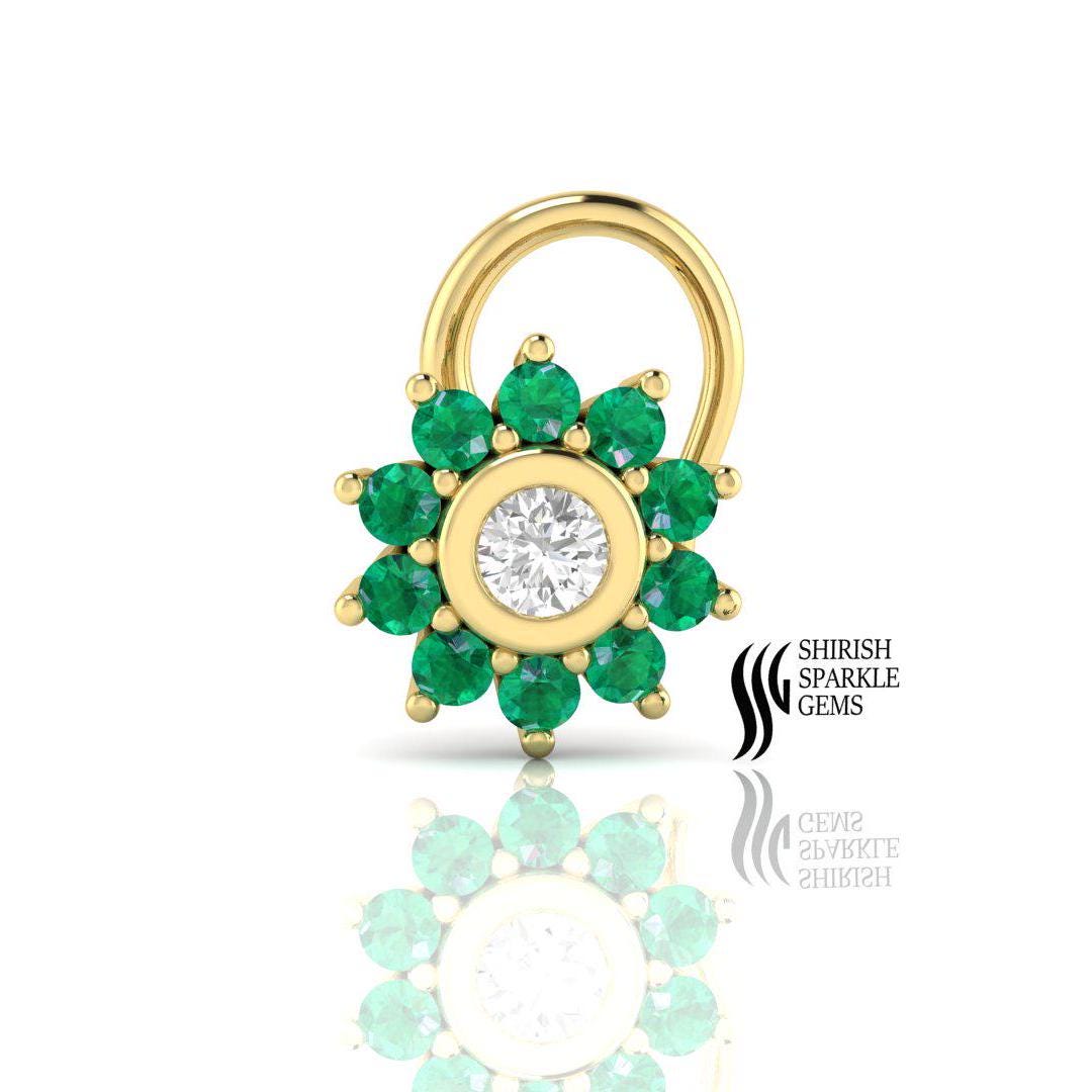 Emerald Diamond Nose Pin Ear Labret / Genuine Emerald Nose Ring / Emerald Nose Pin / Diamond ...