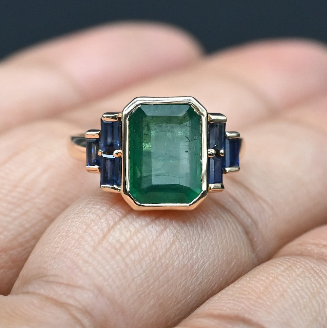 3.24CT Genuine Emerald Ring With Natural Blue Sapphire 14k Gold Emerald ...