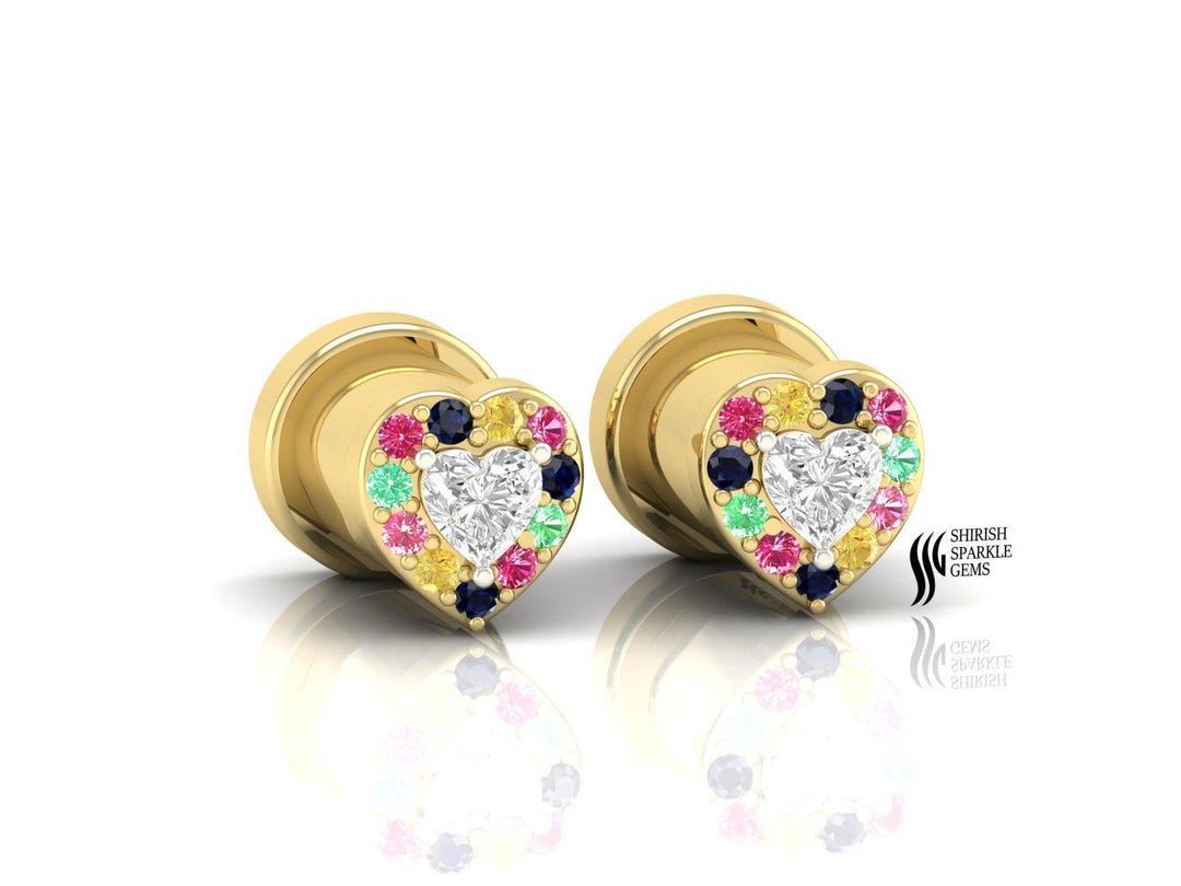 Solid Gold Ear Gauge Plugs Tunnel, Diamond Ear Plugs / Multi Sapphire ...