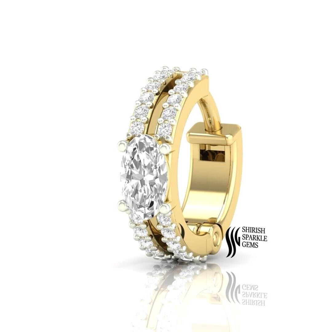 Lab Diamond Nose Ring | 14k Gold Oval Double Line Diamond Cartilage ...