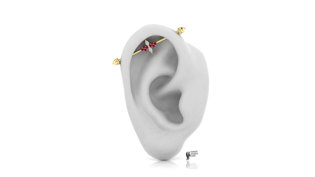 Natural Ruby and Lab Diamond Industrial Straight Barbell, Ear Piercing ...