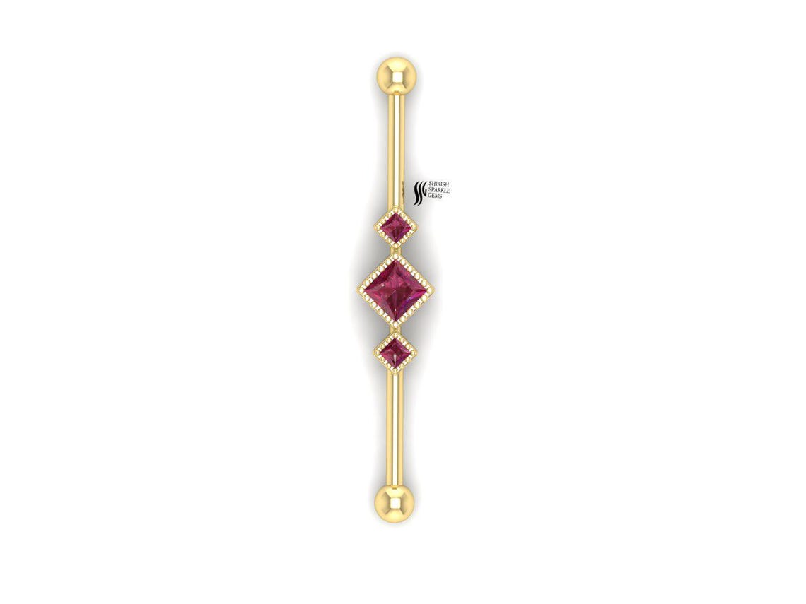 14k Solid Gold Ruby Barbell Piercing Industrial Cartilage Luxury ...