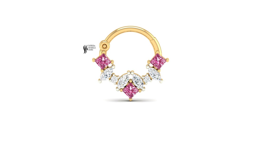 Pink Sapphire & Diamond Septum Hoop | Princess Cut Gemstone Luxury Nose ...