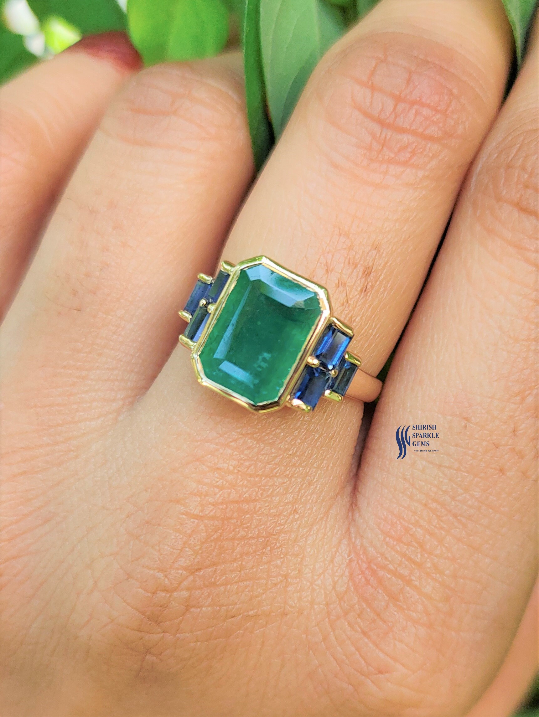 3.24CT Genuine Emerald Ring With Natural Blue Sapphire 14k Gold Emerald ...