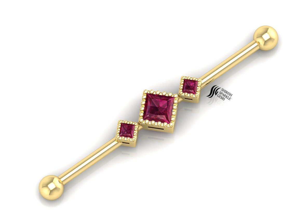 14k Solid Gold Ruby Barbell Piercing Industrial Cartilage Luxury ...