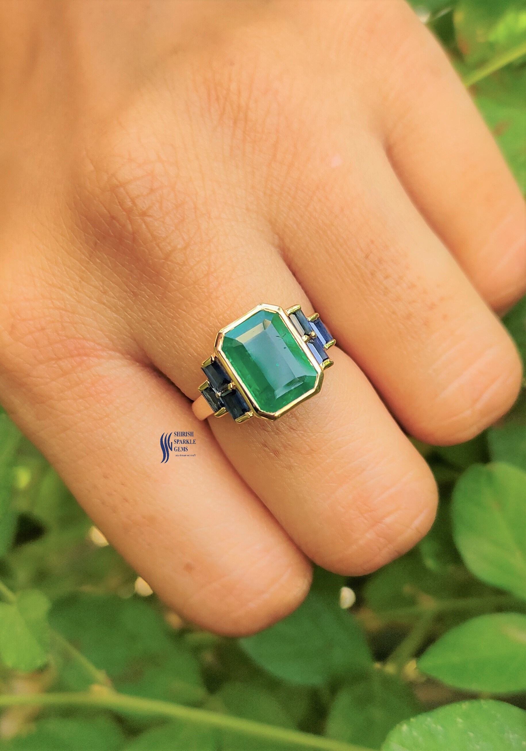 3.24CT Genuine Emerald Ring With Natural Blue Sapphire 14k Gold Emerald ...