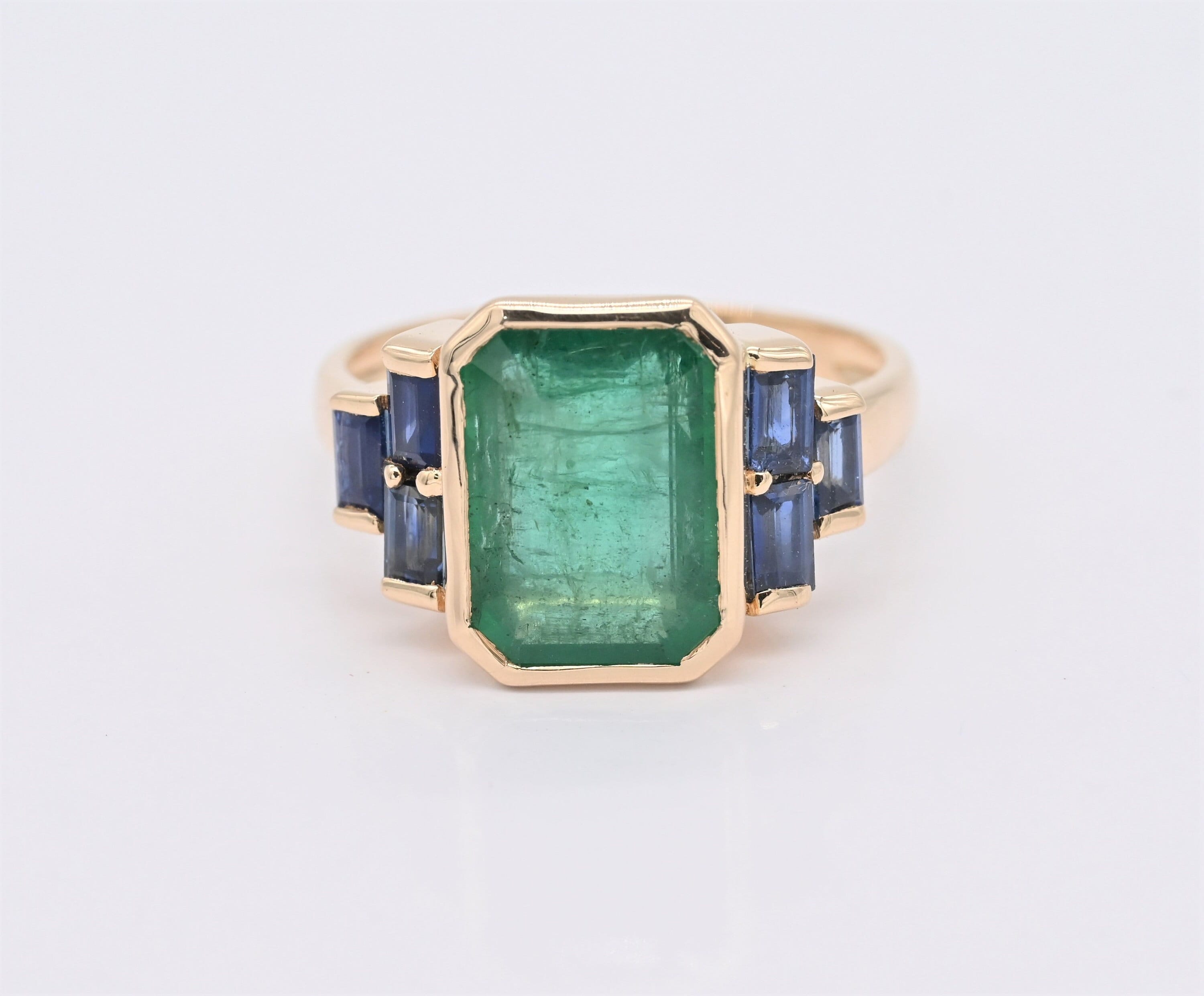 3.24CT Genuine Emerald Ring With Natural Blue Sapphire 14k Gold Emerald ...