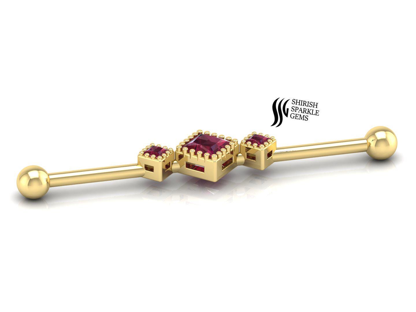 14k Solid Gold Ruby Barbell Piercing Industrial Cartilage Luxury ...