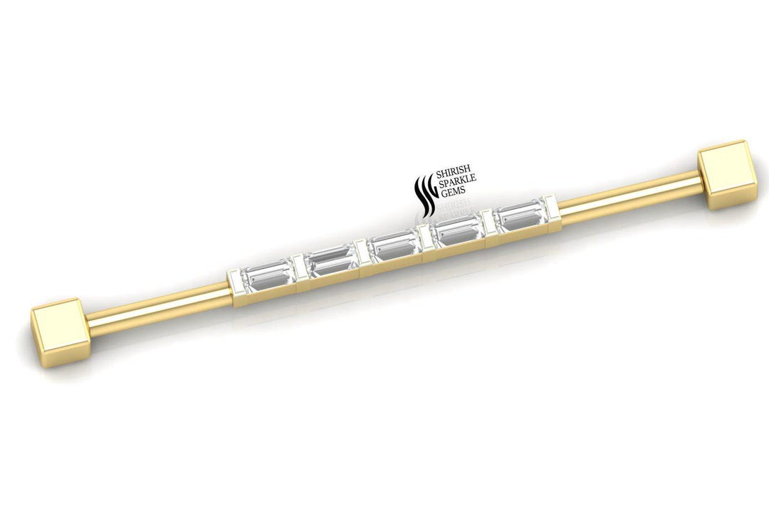 14K Solid Gold Baguette Diamond Industrial Barbell Scaffold Piercing ...