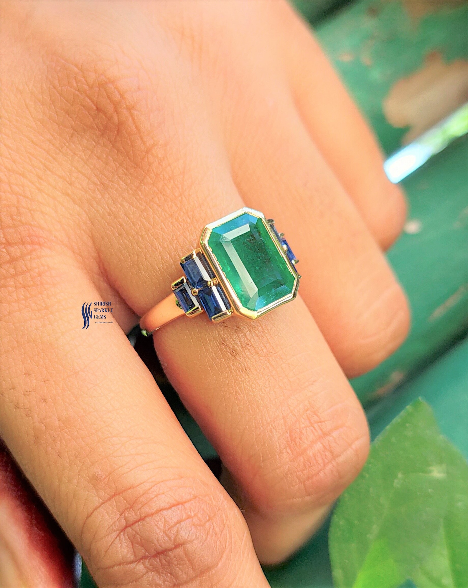3.24CT Genuine Emerald Ring With Natural Blue Sapphire 14k Gold Emerald ...