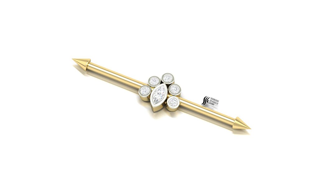 14K Gold Industrial Straight Barbell - Diamond Scaffold Helix Piercing ...