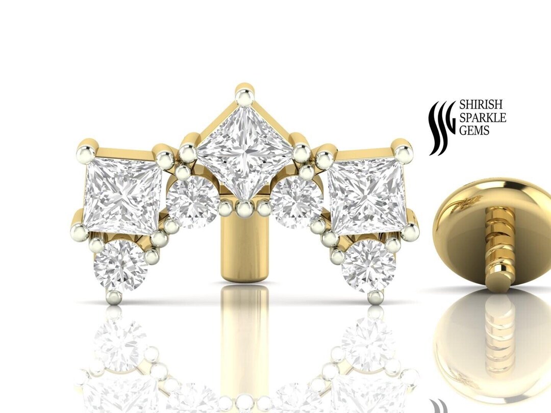 14K Solid Gold Triple Princess Cut Diamond Cluster Nose Dainty Screw ...