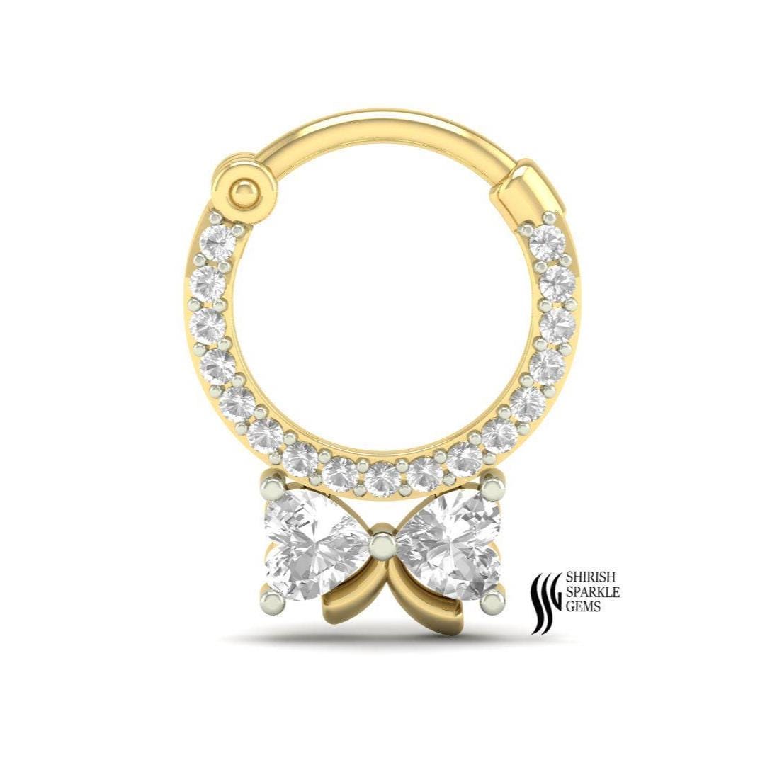 18K Solid Gold Septum Ring With Lab Grown Heart & Round Diamonds ...