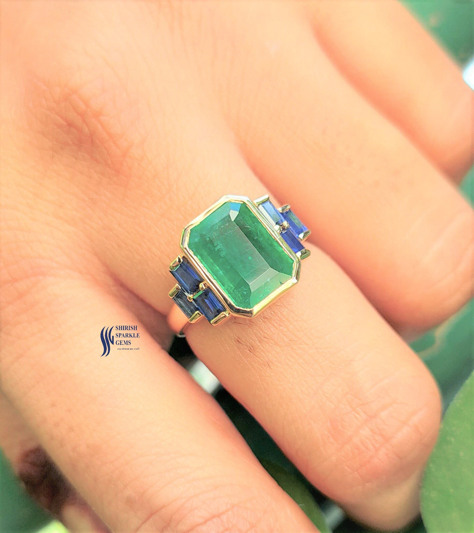 3.24CT Genuine Emerald Ring With Natural Blue Sapphire 14k Gold Emerald ...