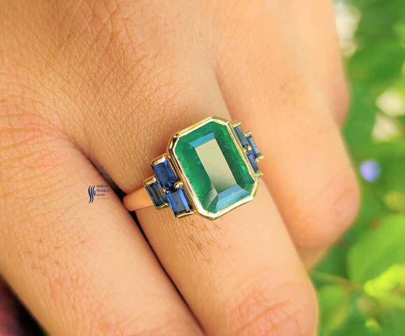 3.24CT Genuine Emerald Ring With Natural Blue Sapphire 14k Gold Emerald ...