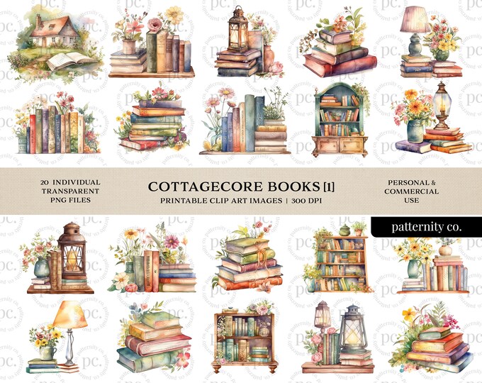 Watercolor Cottagecore Books Clipart, Vintage Cottage Books, English ...