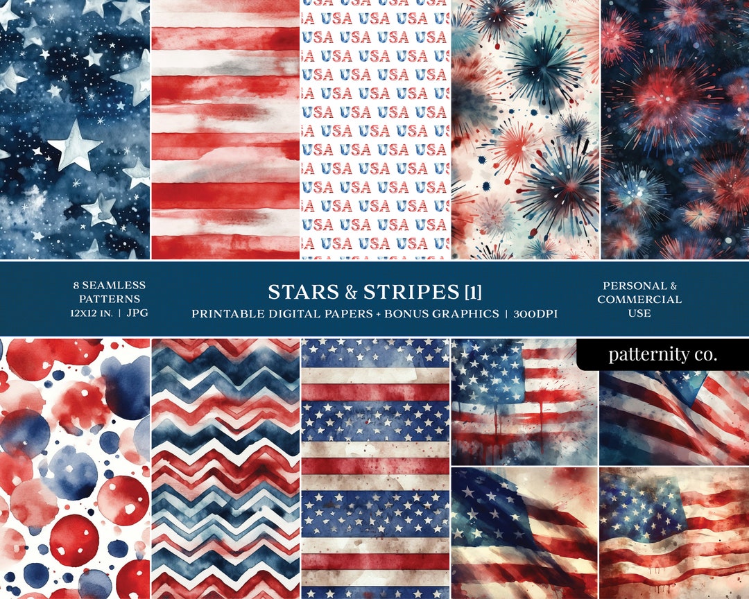 4th of July Pattern Set, Independence Day Art, Watercolor Digital Paper ...
