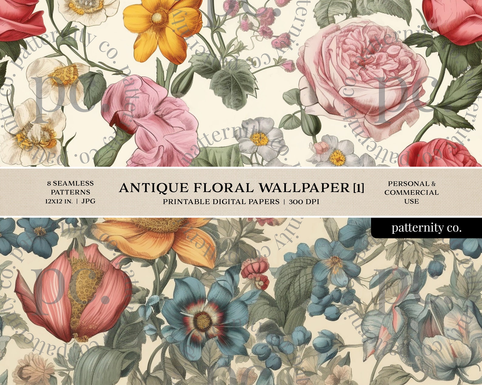 Antique Floral Wallpaper Digital Paper Pack, Seamless Pattern ...