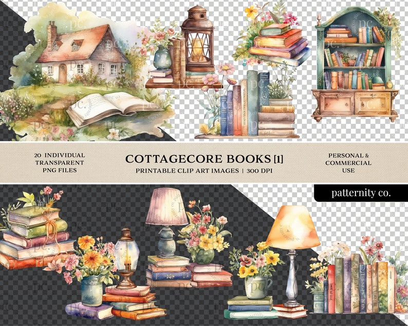 Watercolor Cottagecore Books Clipart, Vintage Cottage Books, English ...