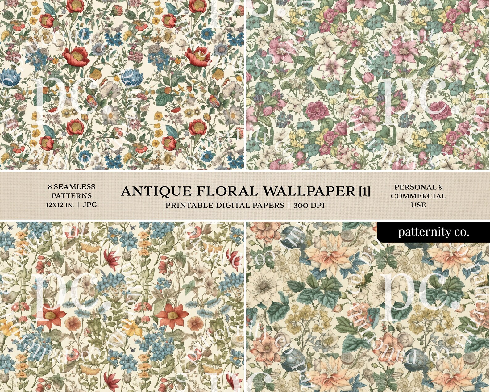 Antique Floral Wallpaper Digital Paper Pack, Seamless Pattern ...
