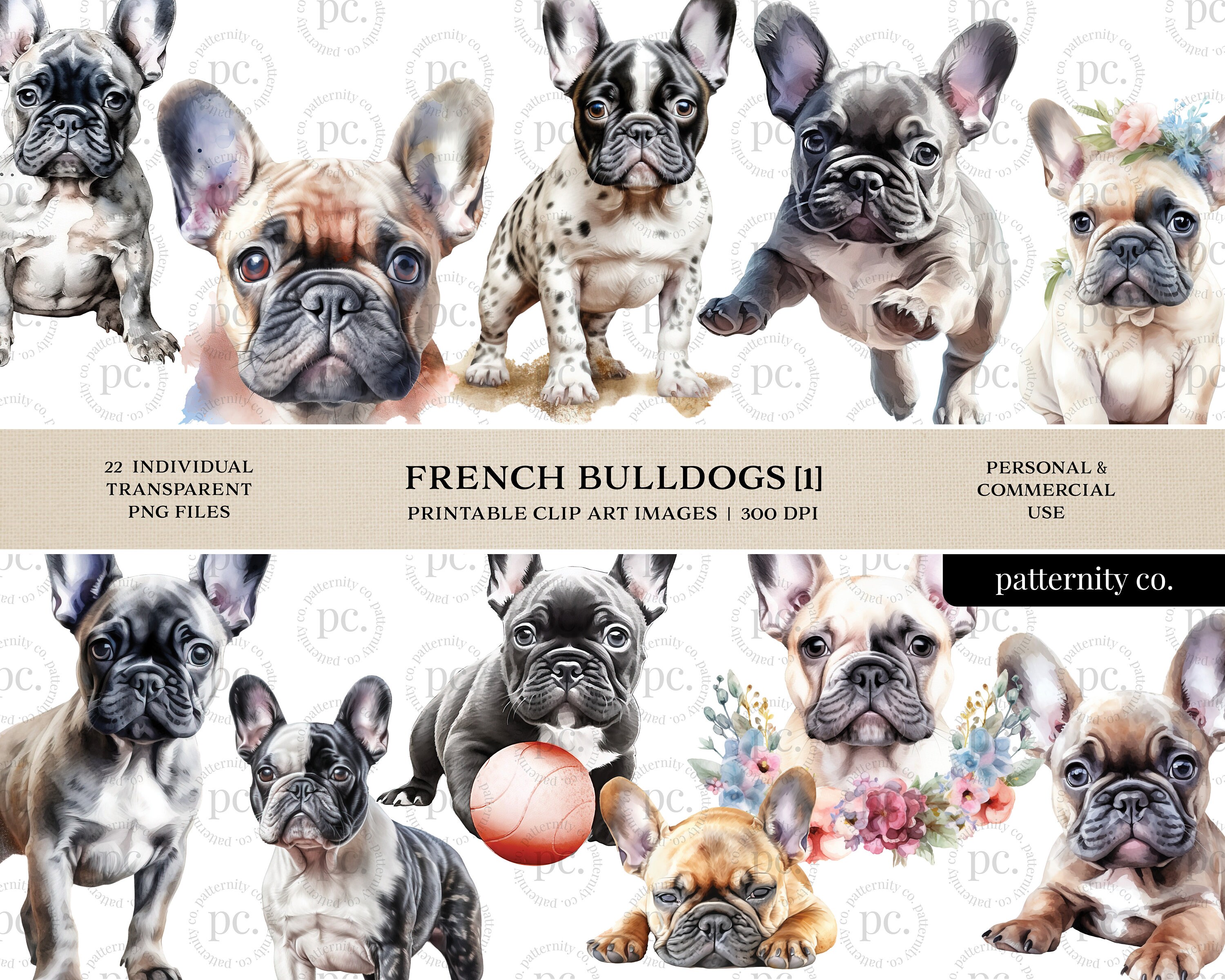 Watercolor French Bulldog Clipart Bundle, Cute French Bulldog Art ...