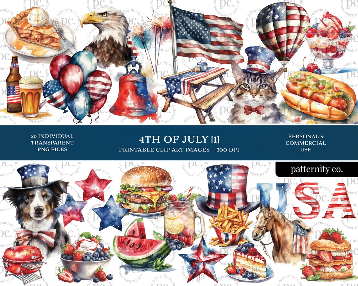 Watercolor 4th of July Clipart Bundle, 4th of July Sublimation PNG ...