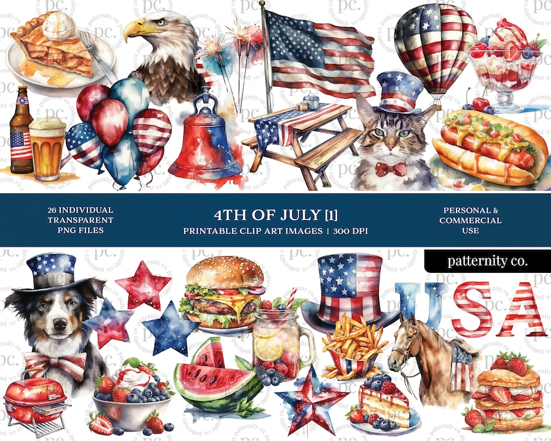 Watercolor 4th of July Clipart Bundle, 4th of July Sublimation PNG ...