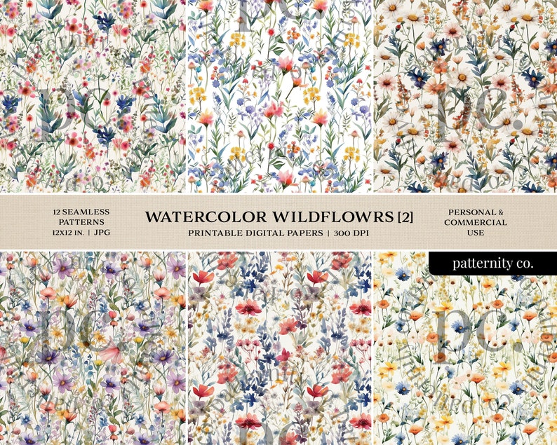 Watercolor Wildflowers Digital Paper Pack, Seamless Pattern, Printable ...