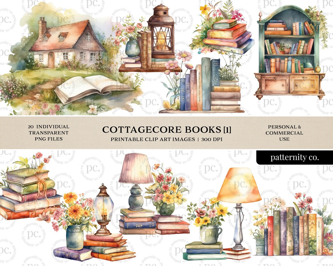 Watercolor Cottagecore Books Clipart, Vintage Cottage Books, English ...