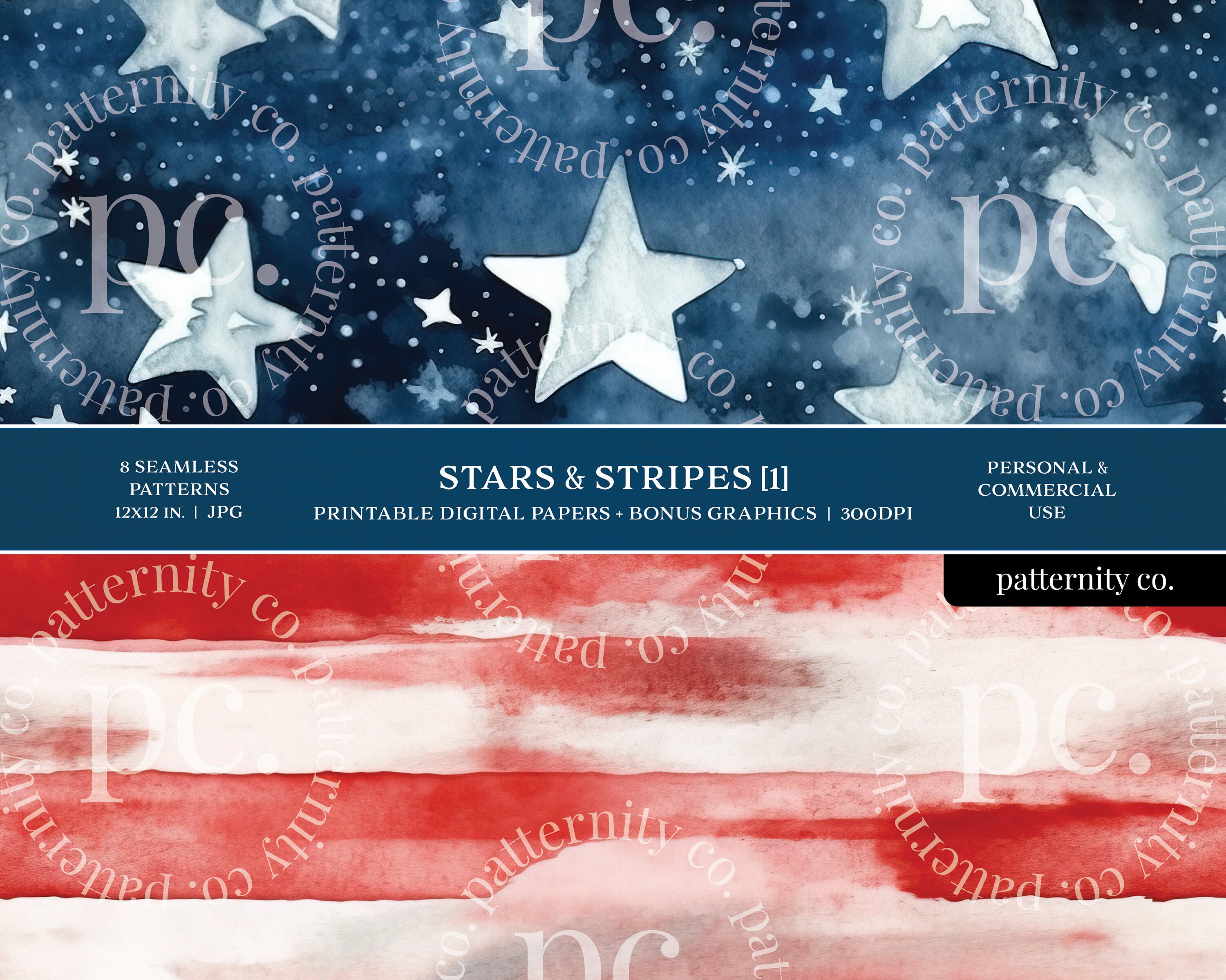 4th of July Pattern Set, Independence Day Art, Watercolor Digital Paper ...