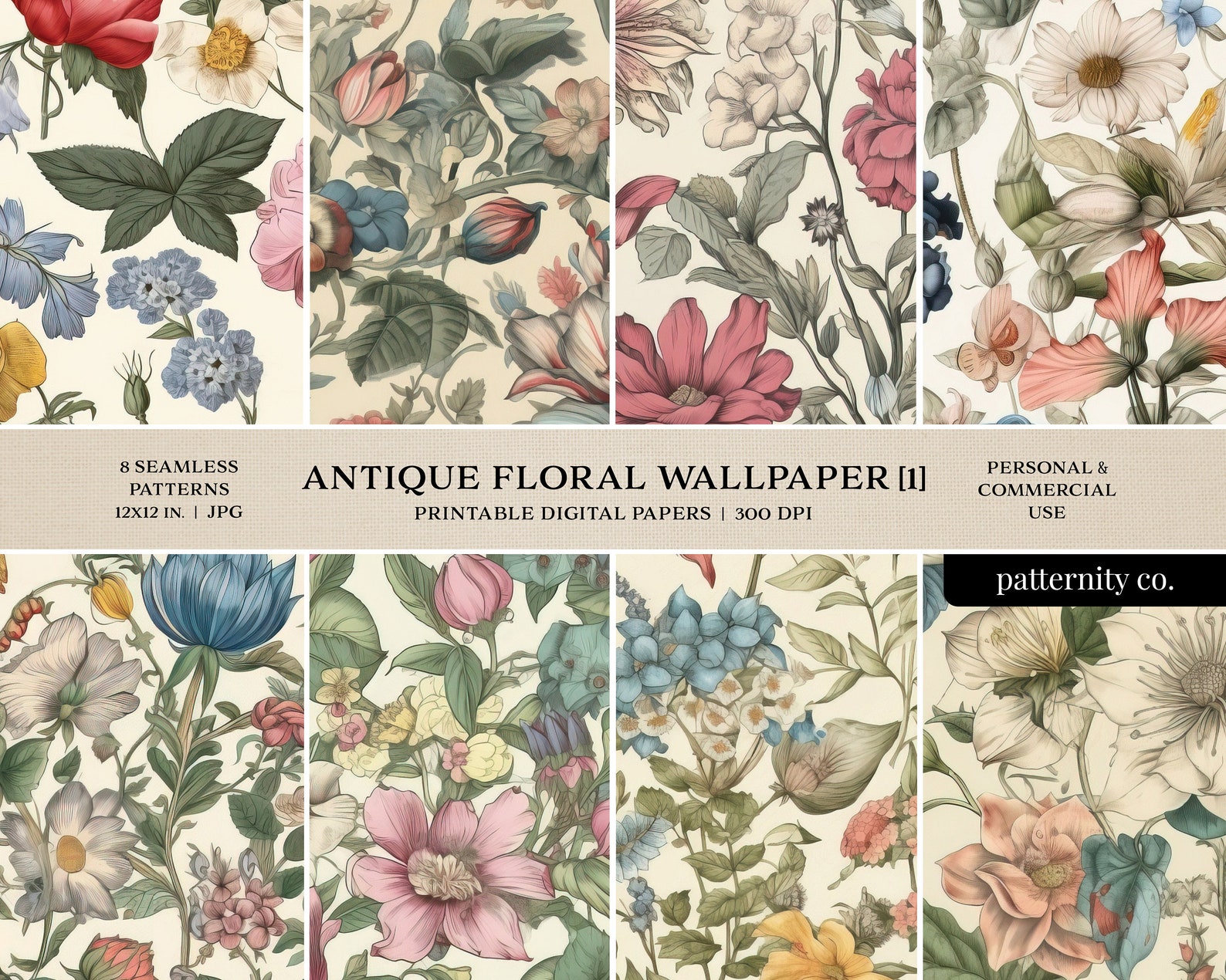 Antique Floral Wallpaper Digital Paper Pack, Seamless Pattern ...