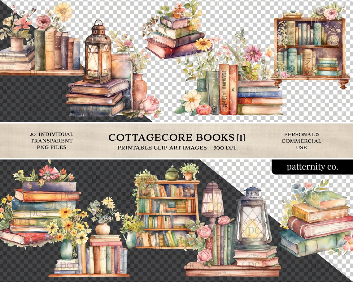 Watercolor Cottagecore Books Clipart, Vintage Cottage Books, English ...
