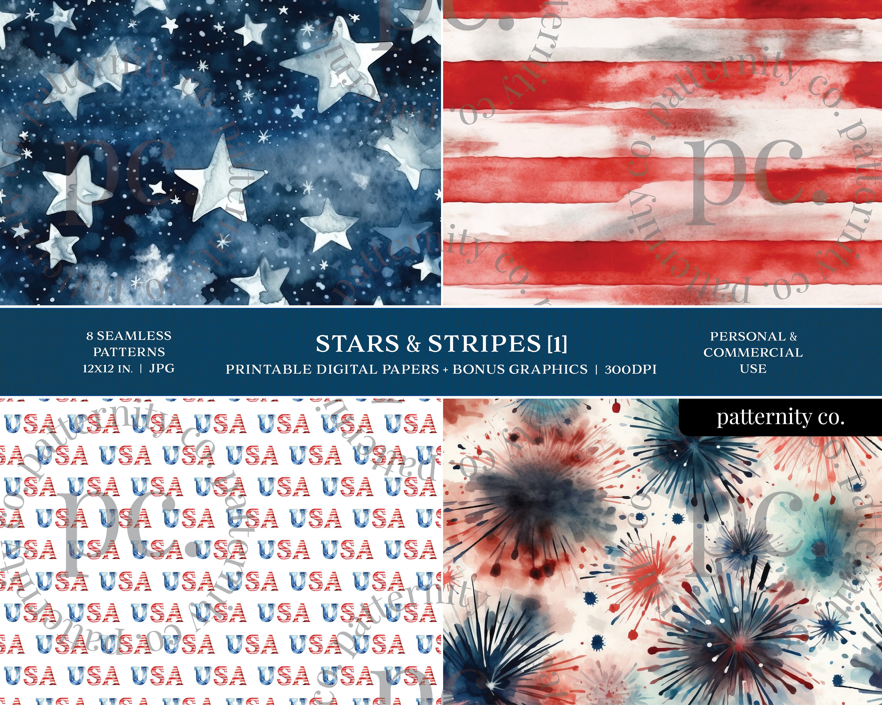 4th of July Pattern Set, Independence Day Art, Watercolor Digital Paper ...