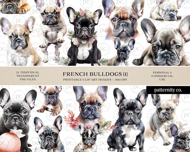 Watercolor French Bulldog Clipart Bundle, Cute French Bulldog Art ...