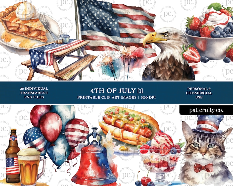 Watercolor 4th of July Clipart Bundle, 4th of July Sublimation PNG ...
