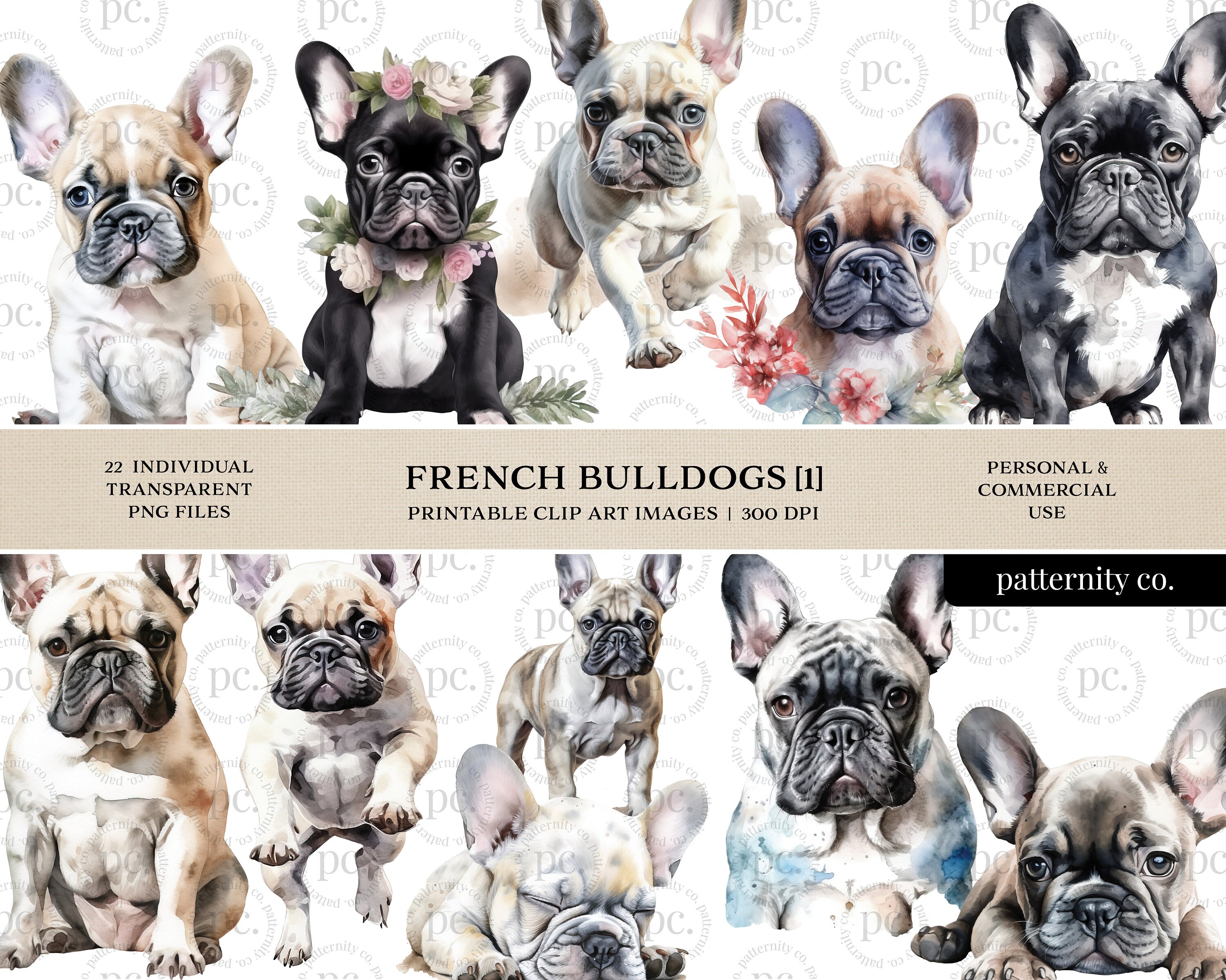 Watercolor French Bulldog Clipart Bundle, Cute French Bulldog Art ...