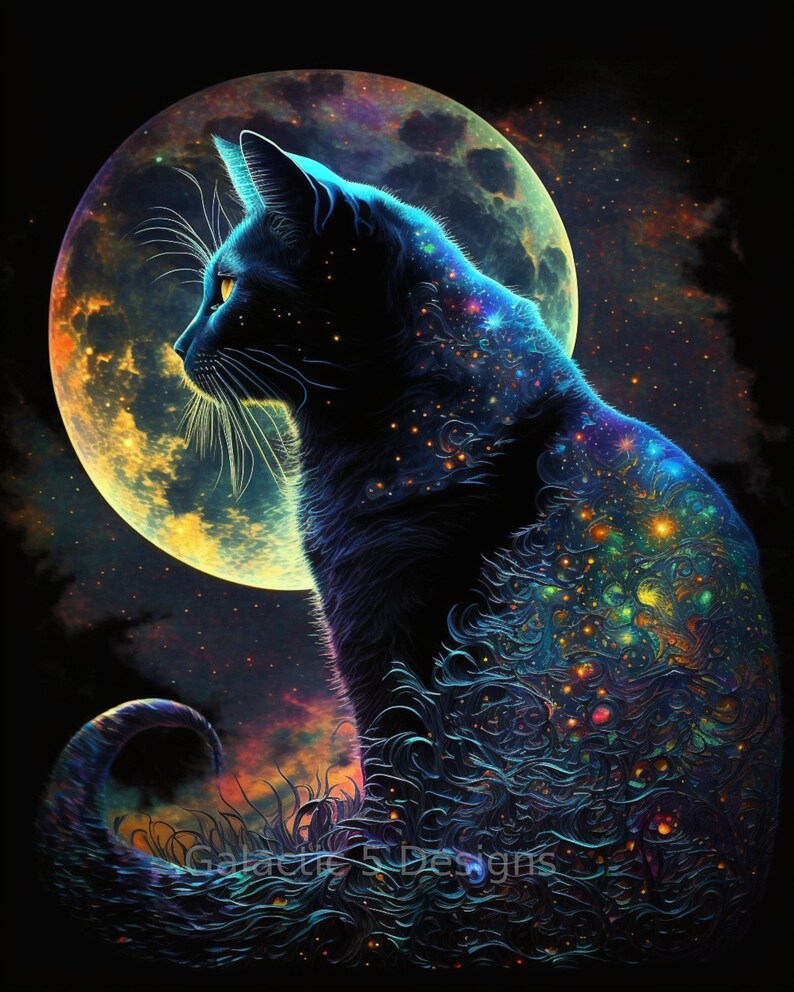 Cosmic Black Cat Full Moon Digital Art Print, AI Generated, Wall Art ...