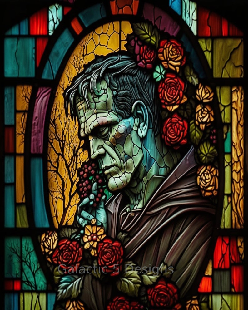 Frankensteins Monster Stained Glass Digital Art Print, AI Generated ...