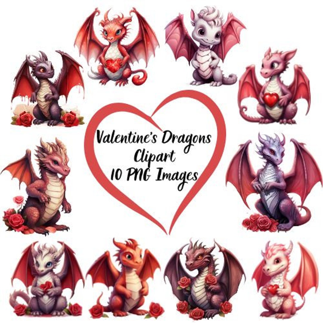 Valentines Day Dragon Clipart Bundle 10 PNG Images | Valentines Clipart ...