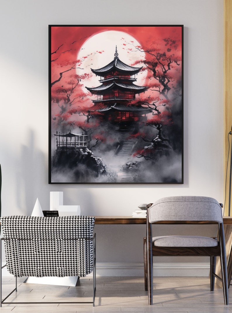 Japanese Samurai Temple Landscape Watercolor Digital Art Print, Digital ...