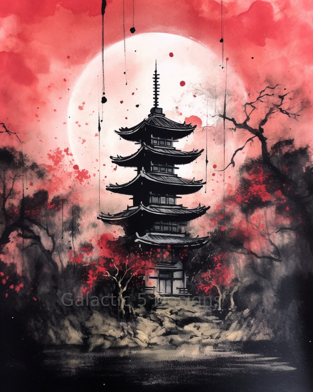 Japanese Samurai Temple Landscape Watercolor Digital Art Print, Digital ...