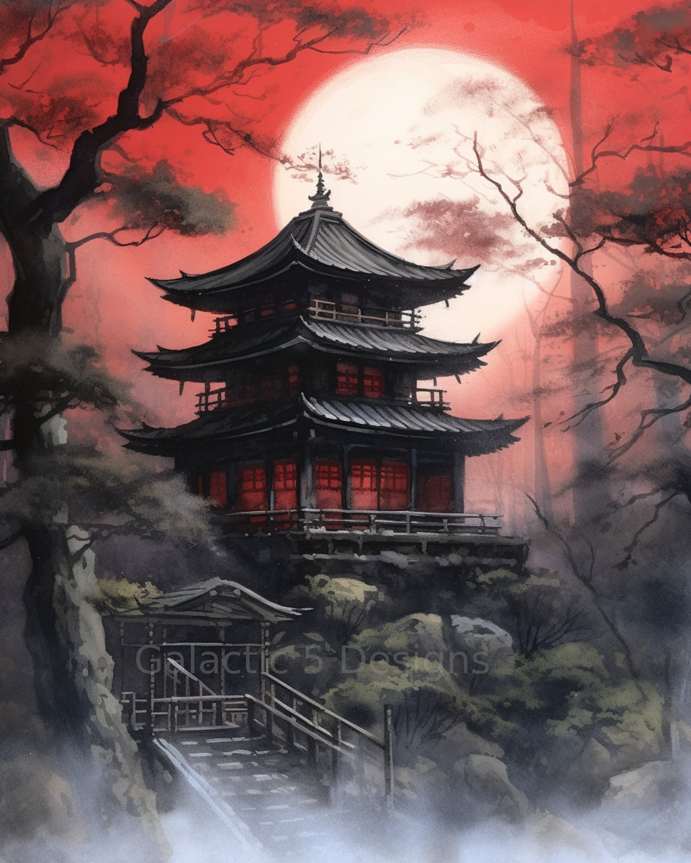 Japanese Samurai Temple Landscape Watercolor Digital Art Print, Digital ...