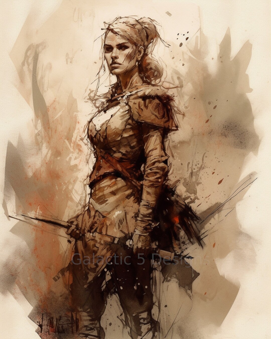 Viking Warrior Queen Sketch Art Print, Watercolors, AI Generated ...