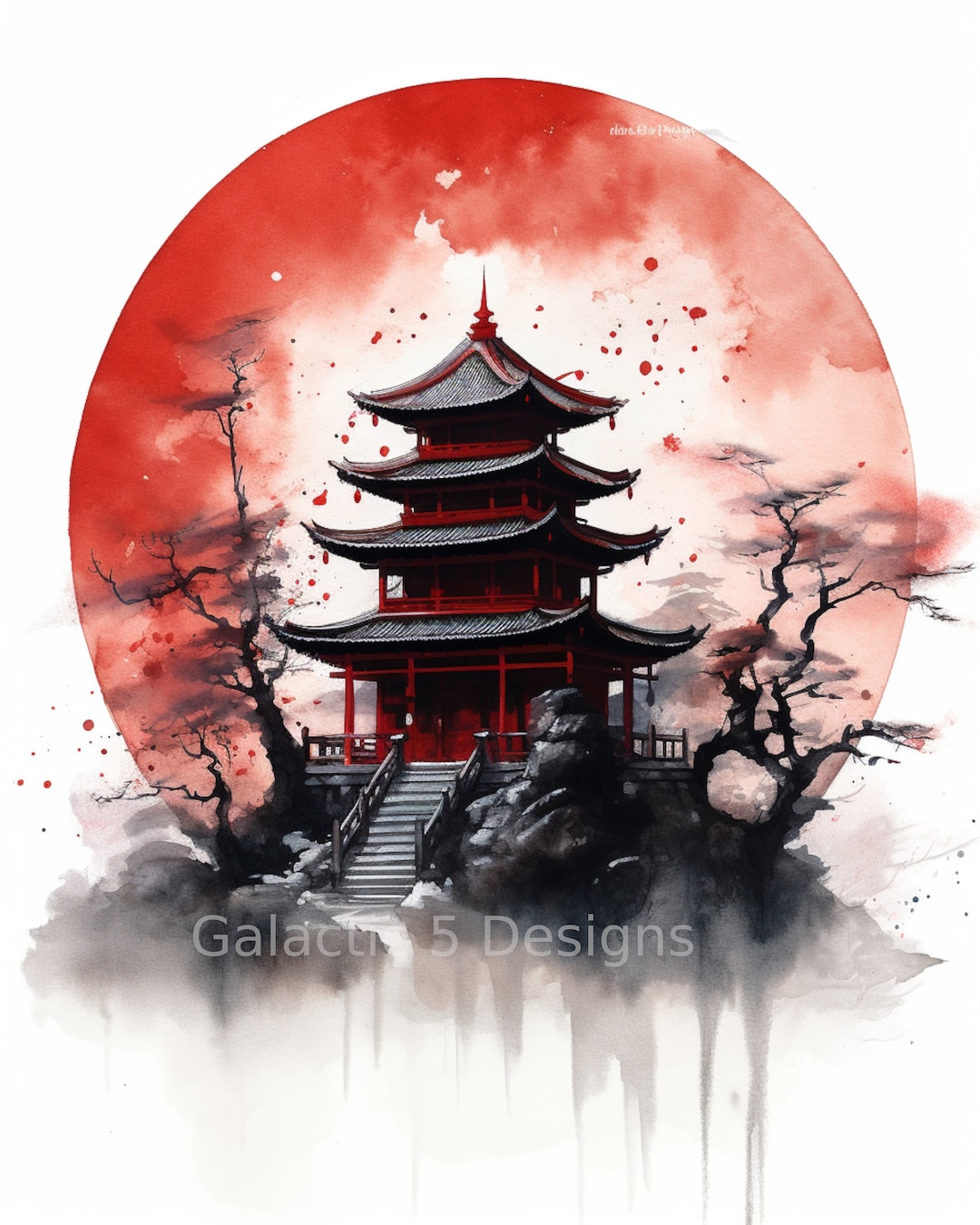 Japanese Samurai Temple Landscape Digital Art Print, Watercolors ...