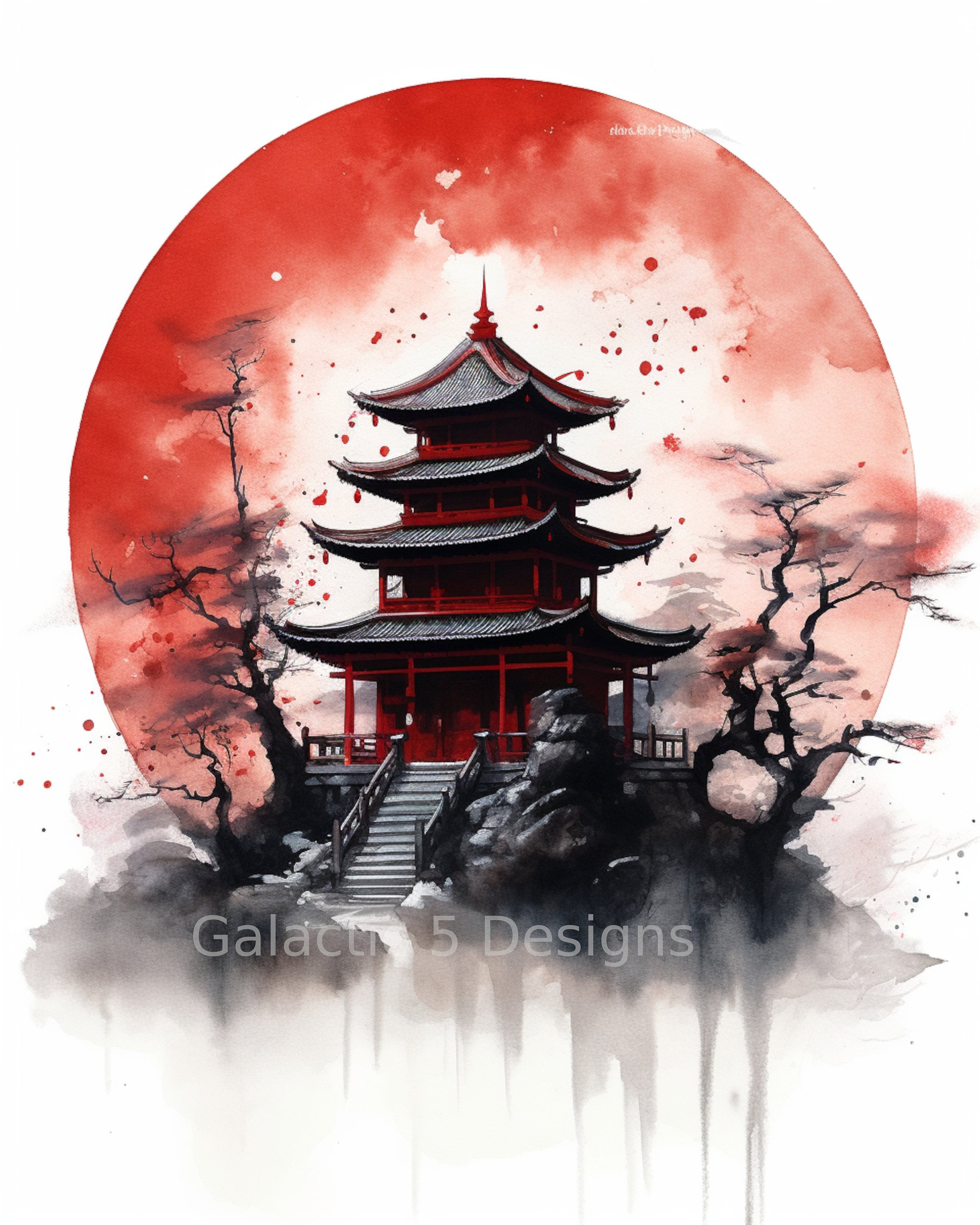Japanese Samurai Temple Landscape Digital Art Print, Watercolors ...
